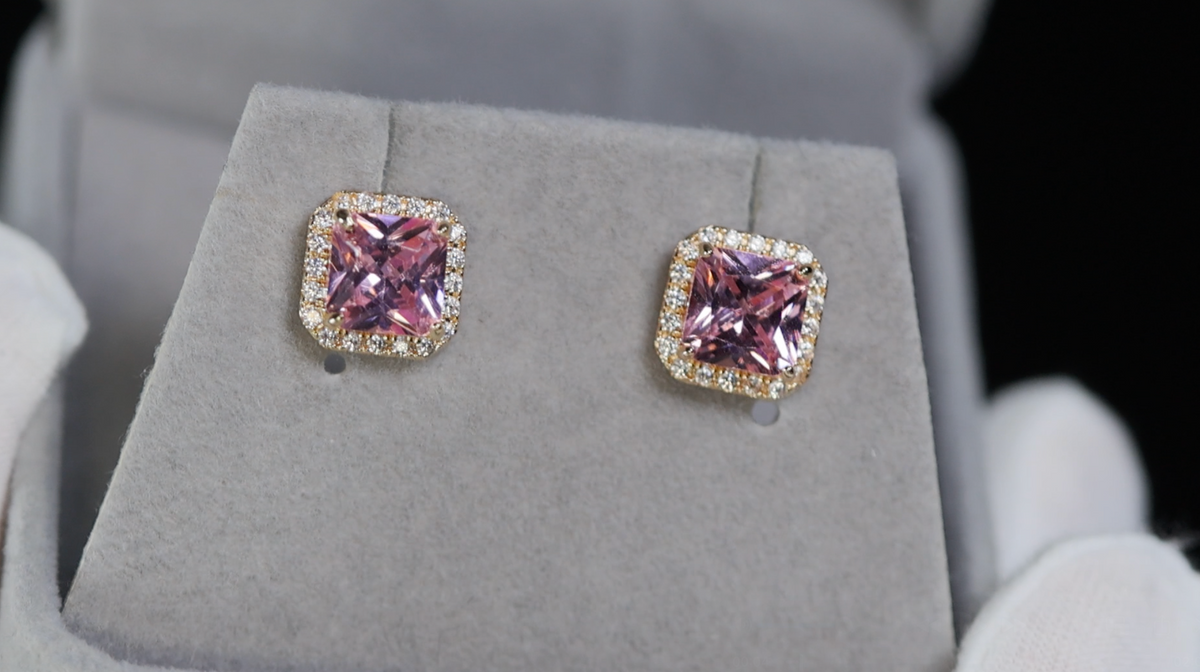 Gold Pink Diamond Ear Studs | Princess Cut Diamond Ear Studs – Minx London