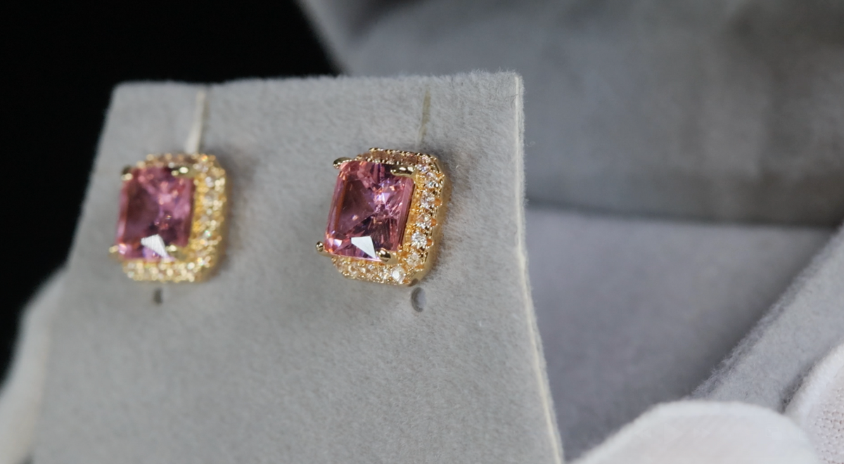Gold Pink Diamond Ear Studs | Princess Cut Diamond Ear Studs – Minx London