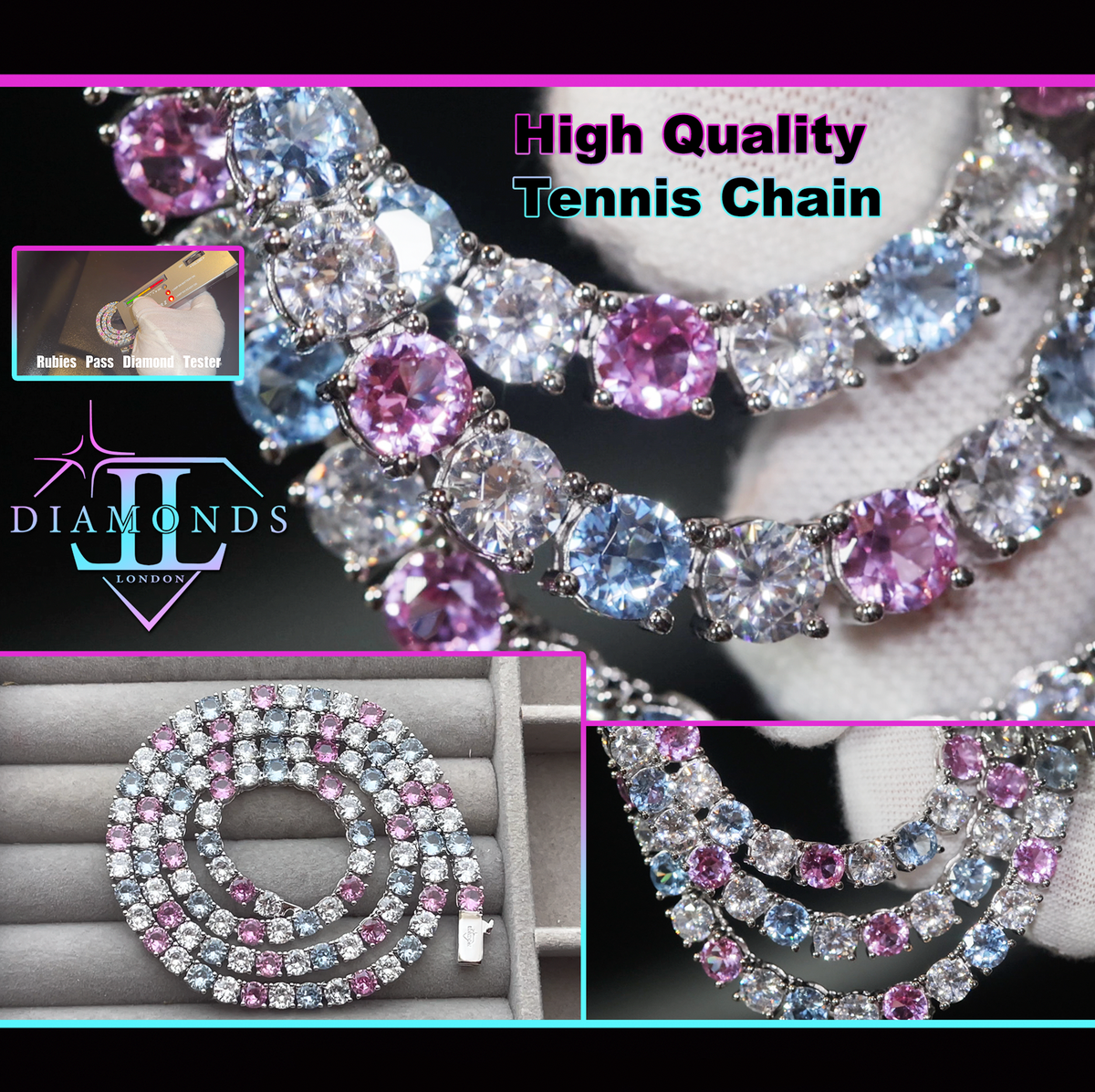 Pink Diamond Tennis Chain | Blue Tennis Chain | Lab Diamond Tennis ...