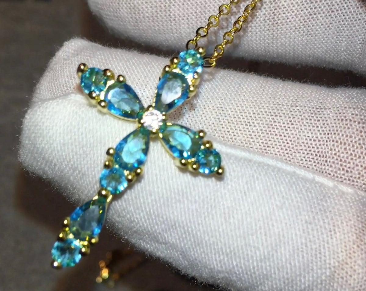 Aquamarine Diamond Cross Necklace | Blue Diamond Cross Pendant | Cross ...